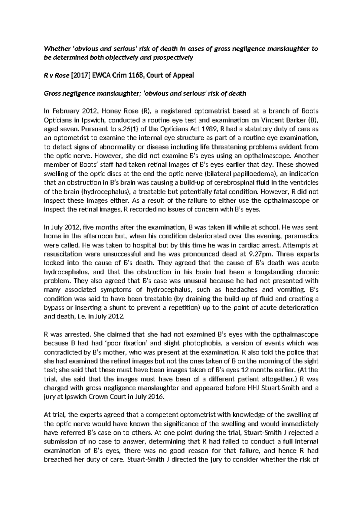 R v Rose: Gross Negligence Manslaughter and Risk of Death Analysis ...