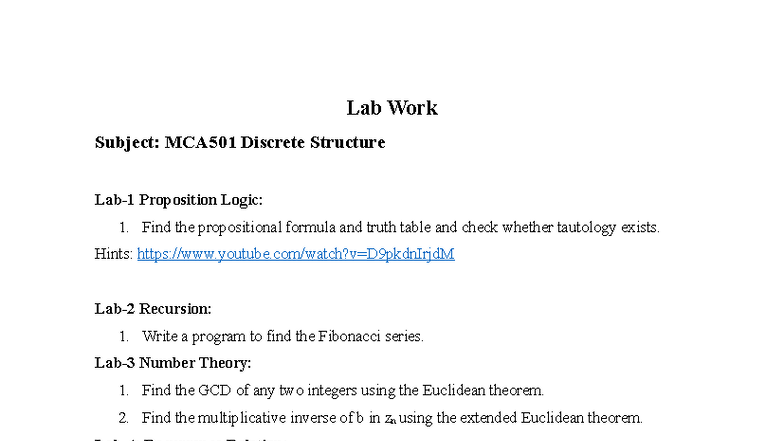 Lab Work: MCA501 Discrete Structure - Programming Exercises and Logic ...