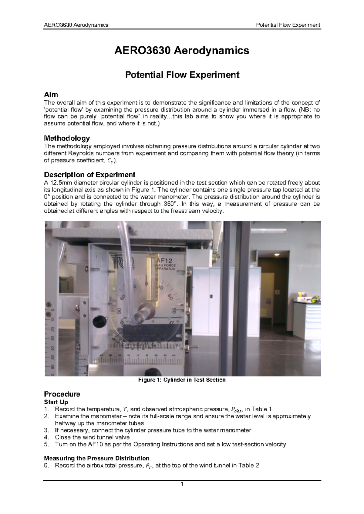 AERO3630 Final Exam: Aerodynamics Potential Flow Experiment Report ...
