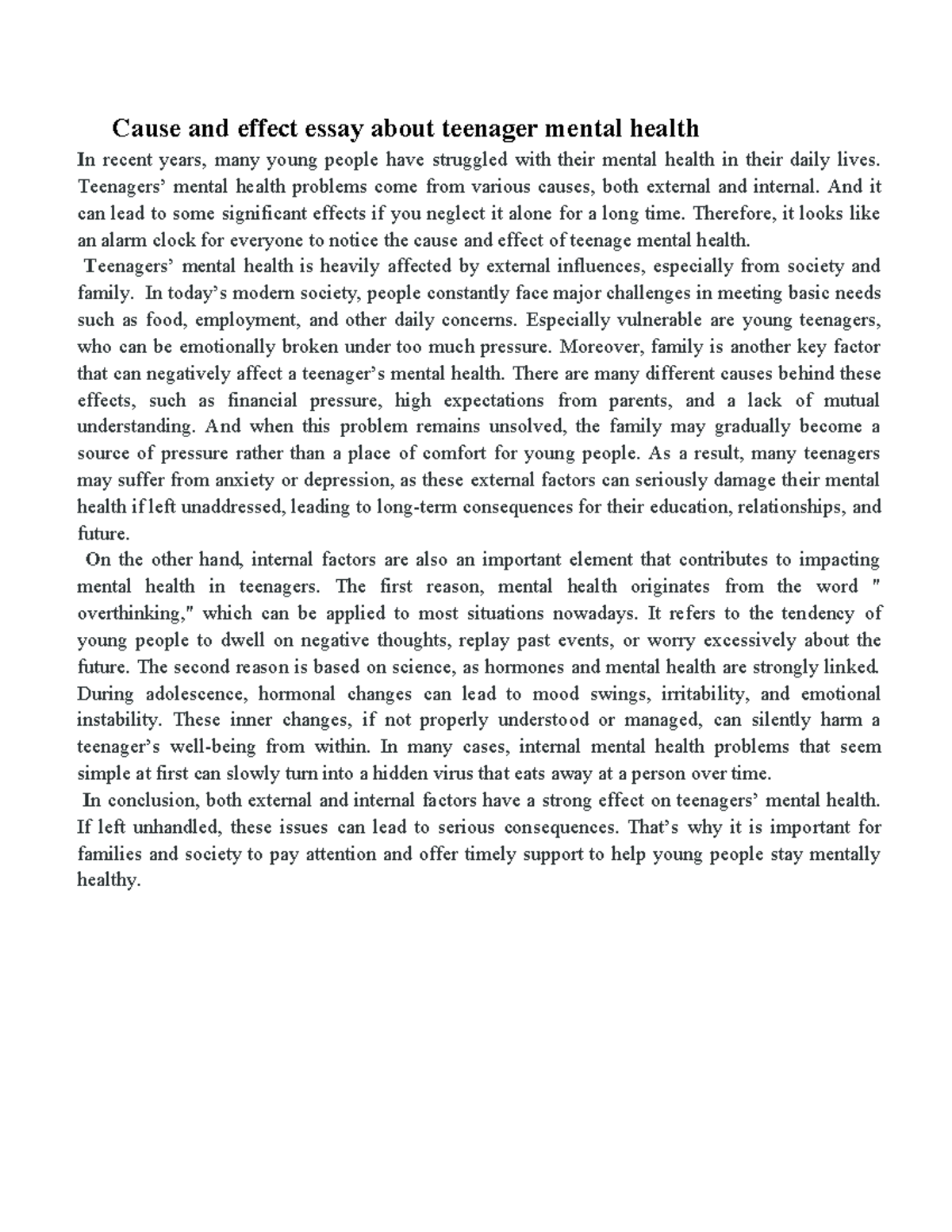 29. Cause and Effect Essay on Teen Mental Health Issues - Studocu