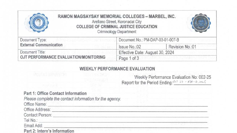 OJT Performance Evaluation Report - Criminology Dept. (CCJE) - Studocu