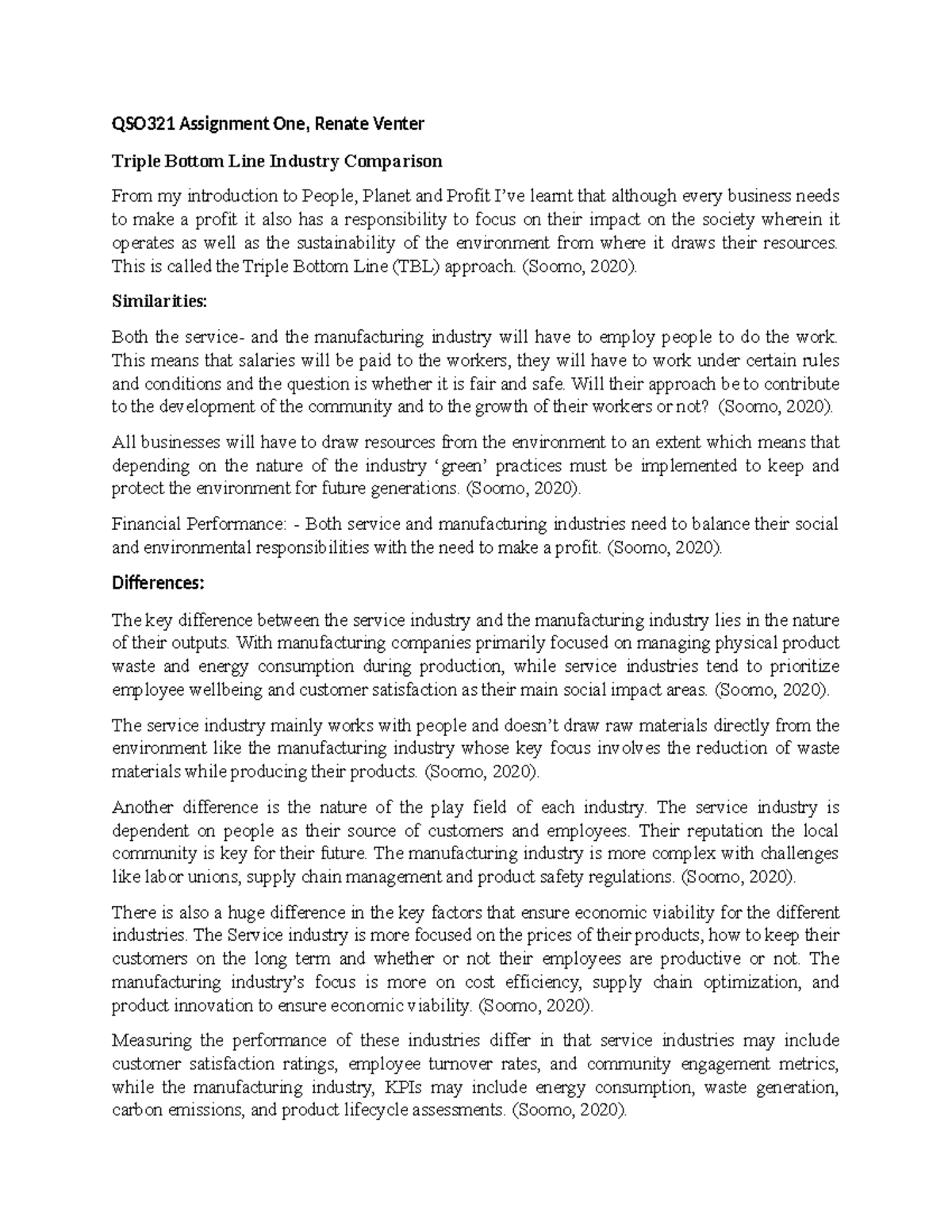 QSO321 Assignment One: Triple Bottom Line Industry Analysis - Studocu