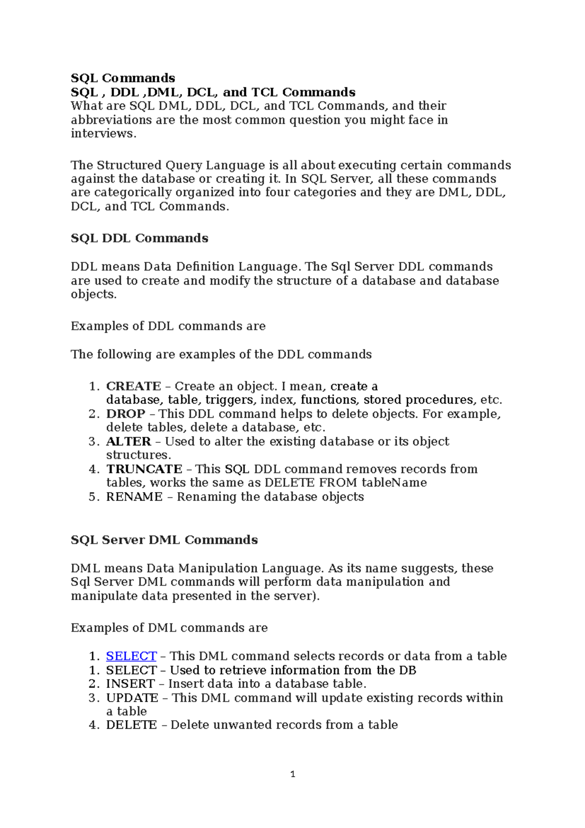 Lesson 1 - SQL Query Commands - SQL Commands SQL , DDL ,DML, DCL, and ...