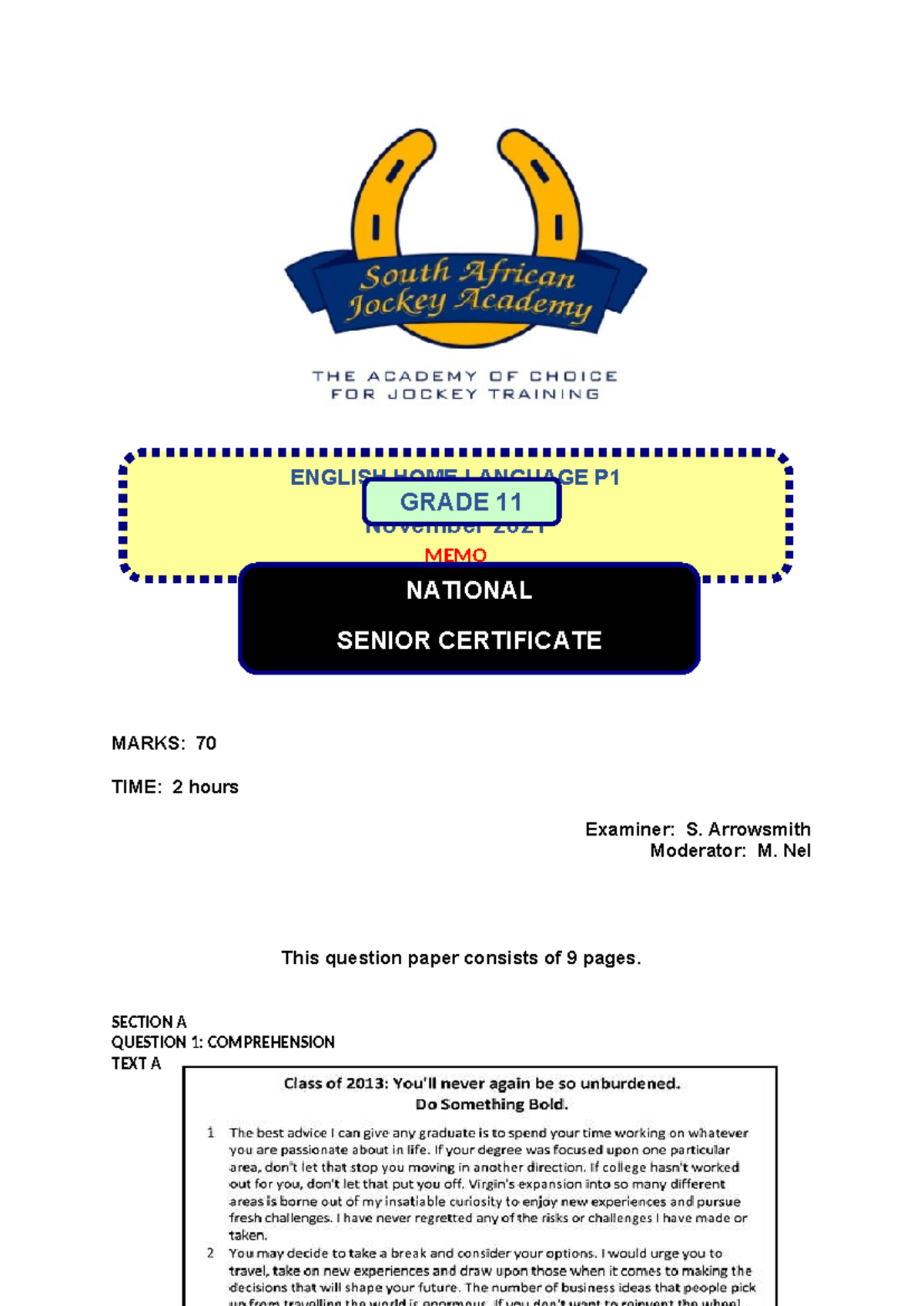 NOV 2021 ENGLISH HL GRADE 11 P1 EXAM MEMO - MARKING GUIDE - Studocu
