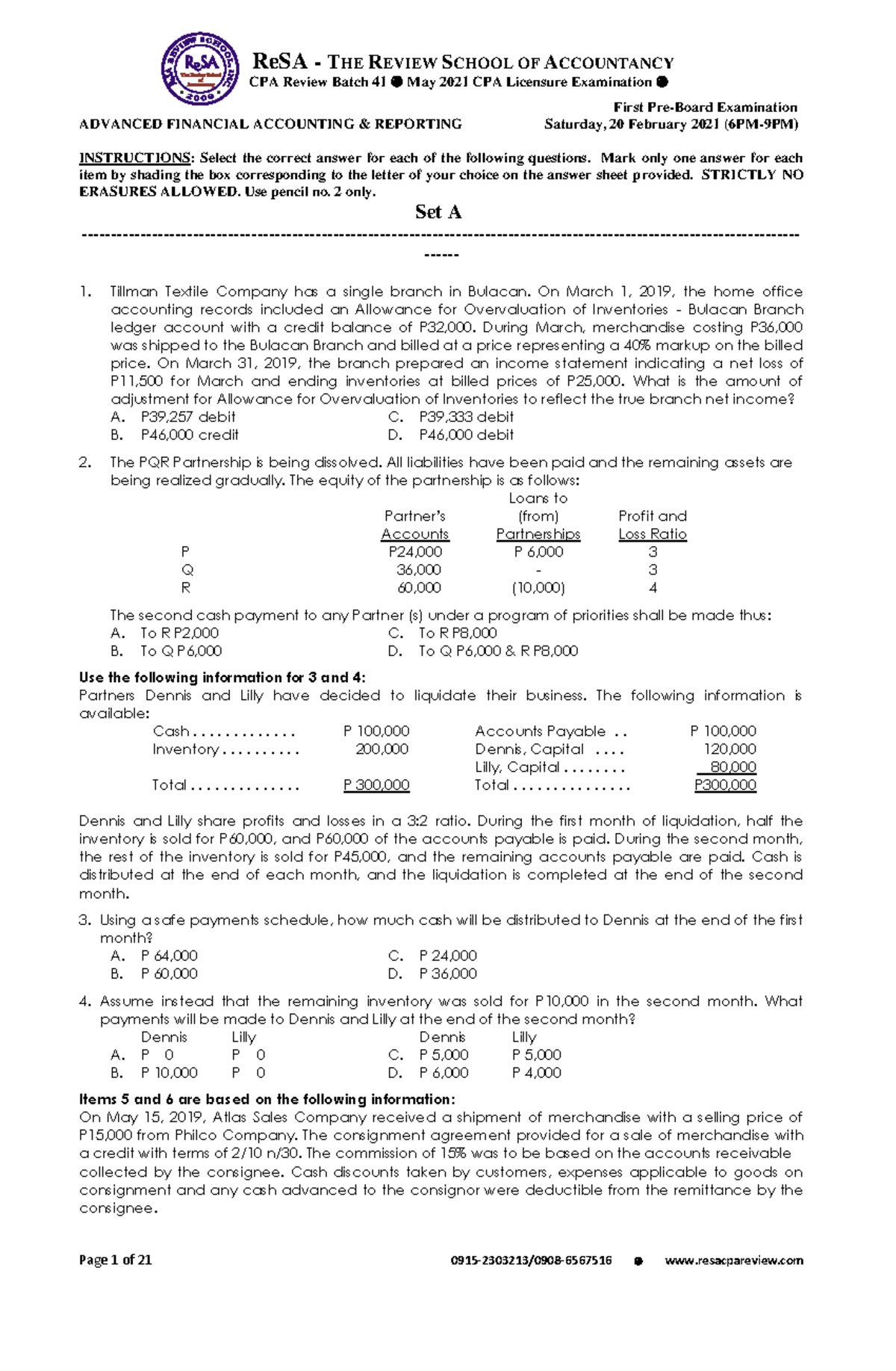 AFAR B41 First Pre-Board Exam: Questions, Answers & Solutions Guide - Studocu