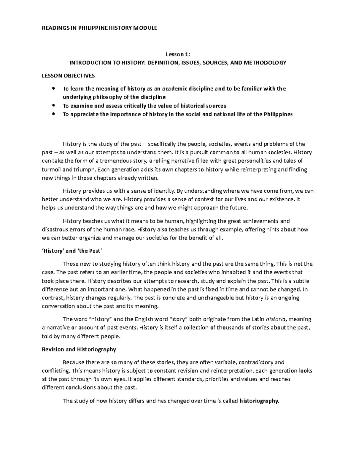 Module-RPH - Readings in Philippine History: Lesson 1 Overview - Studocu