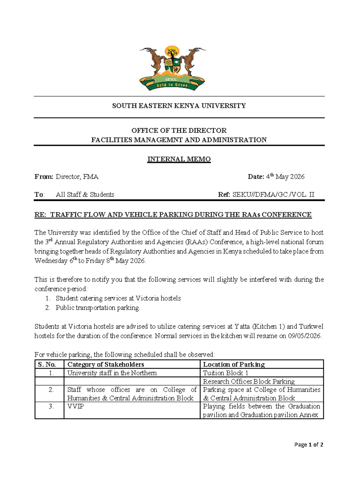 Traffic Management During RAAs Conference - SEKU Memo - Studocu