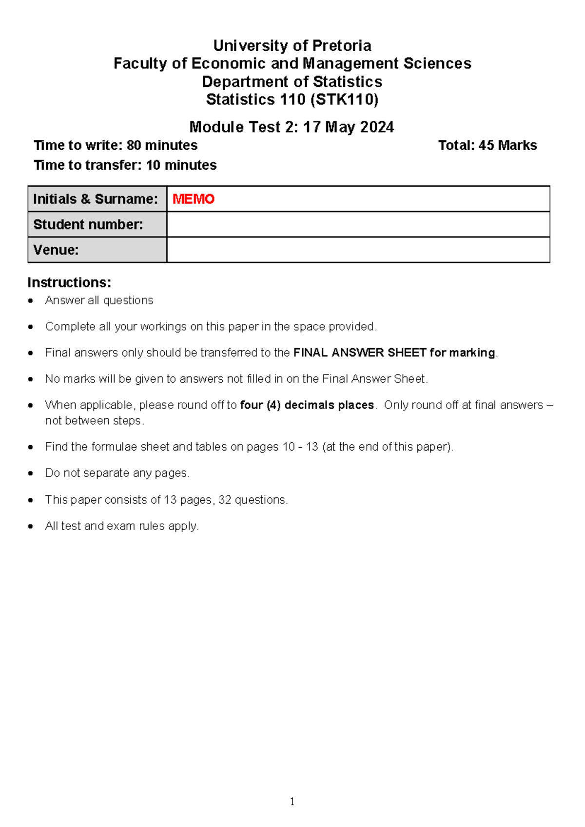 STK110 - Module Test 2 Memo - May 2024 Instructions & Solutions - Studocu