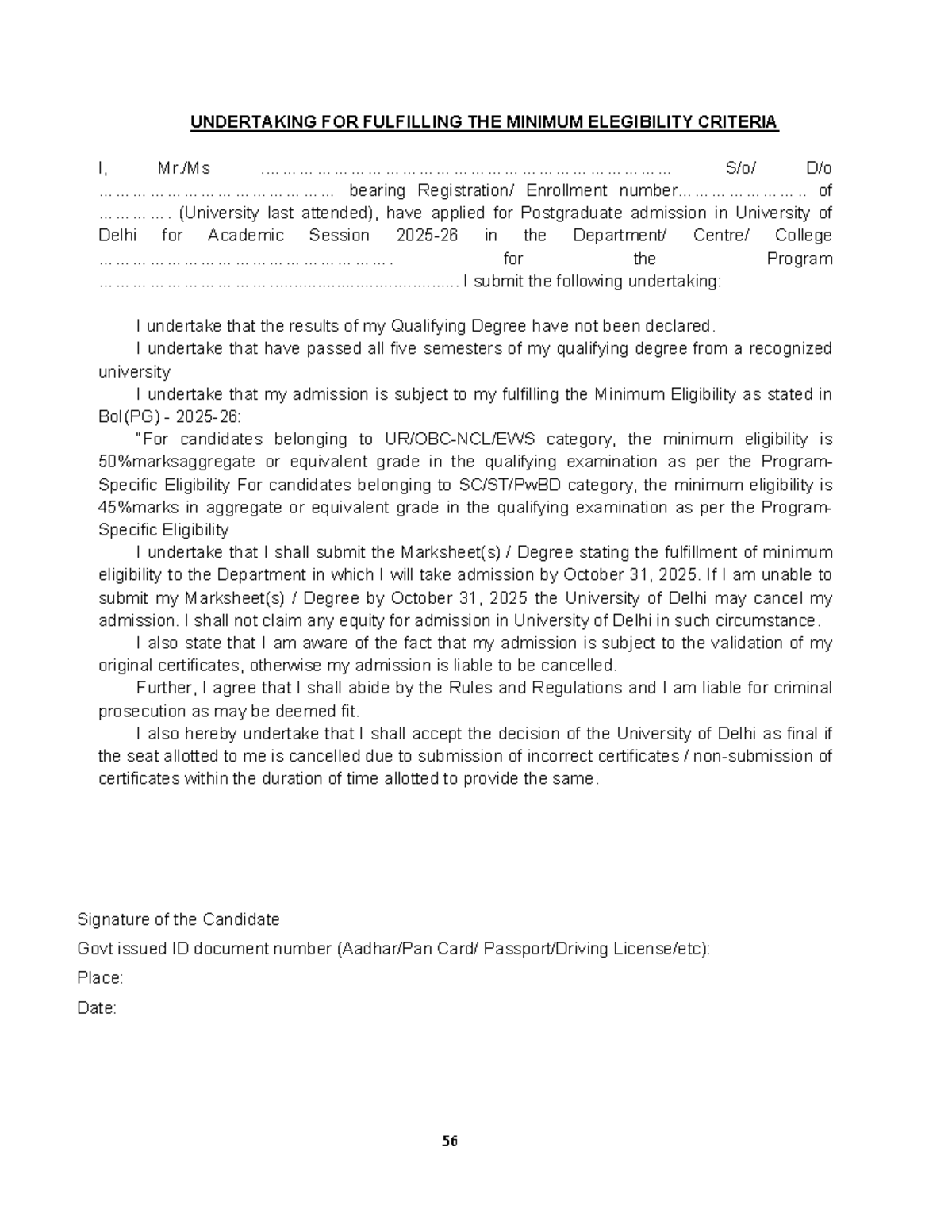 Undertaking for Minimum Eligibility Criteria - CSAS-PG-2025 - Studocu