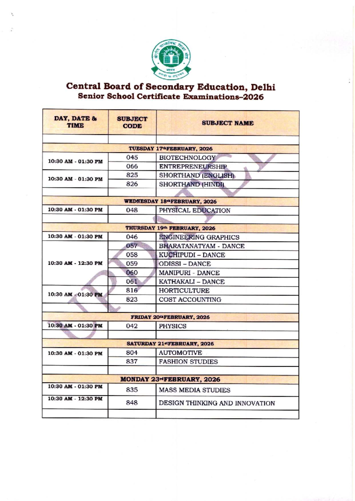 Updated Class XII Date Sheet 2026 - CBSE Examination Schedule - Studocu