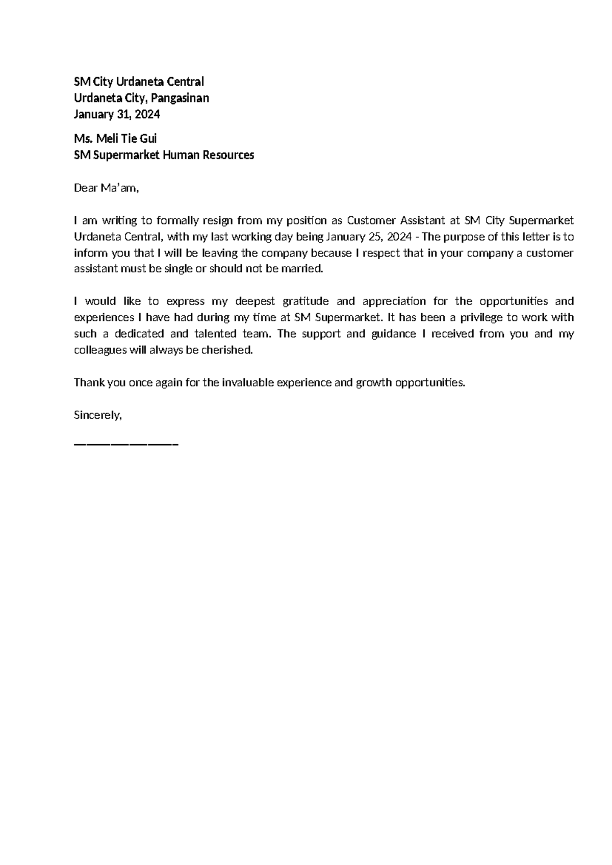 Customer Assistant Resignation Letter - SM City Urdaneta - Studocu