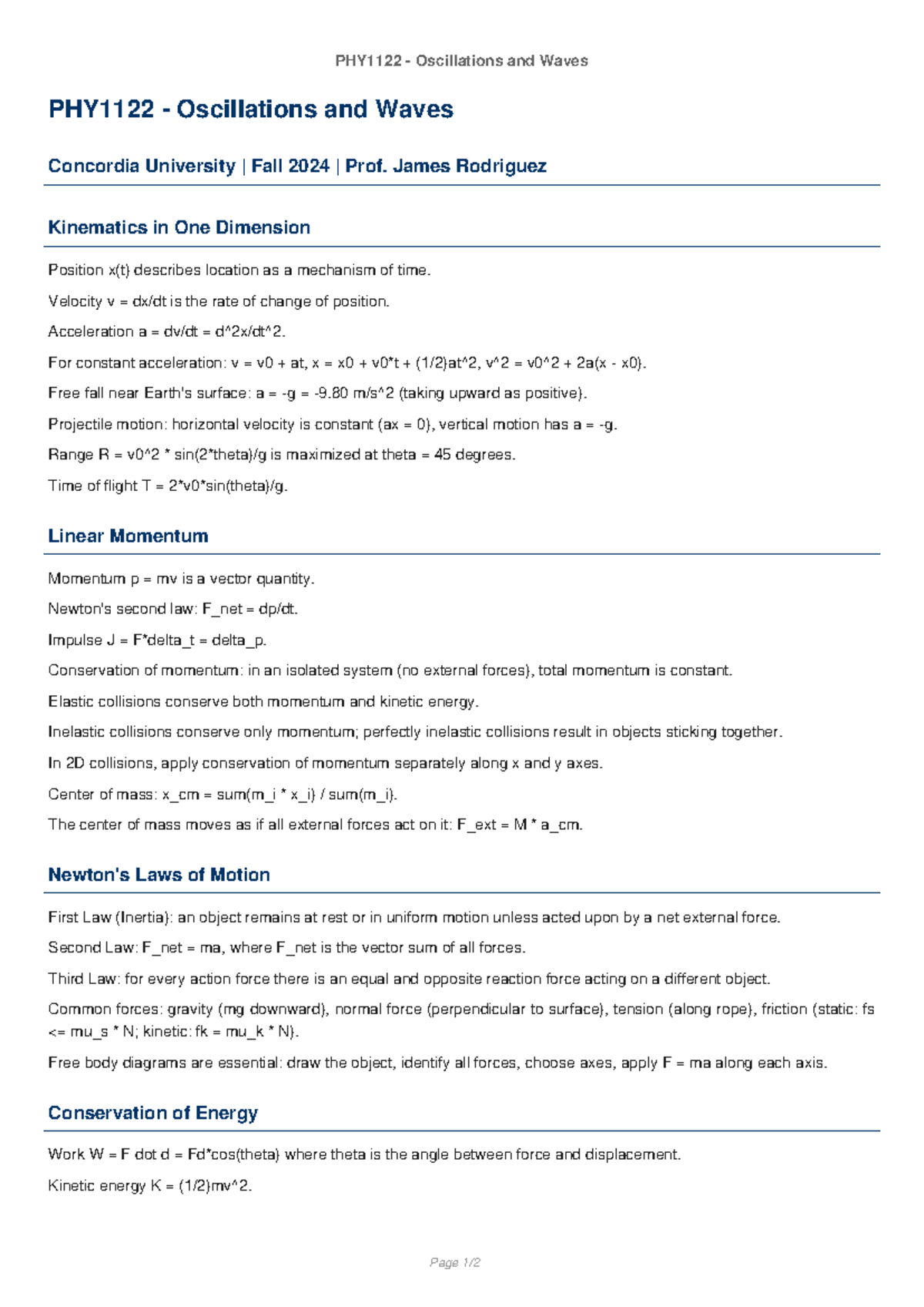 PHY1122 Final Exam Study Notes on Oscillations and Waves - Studocu