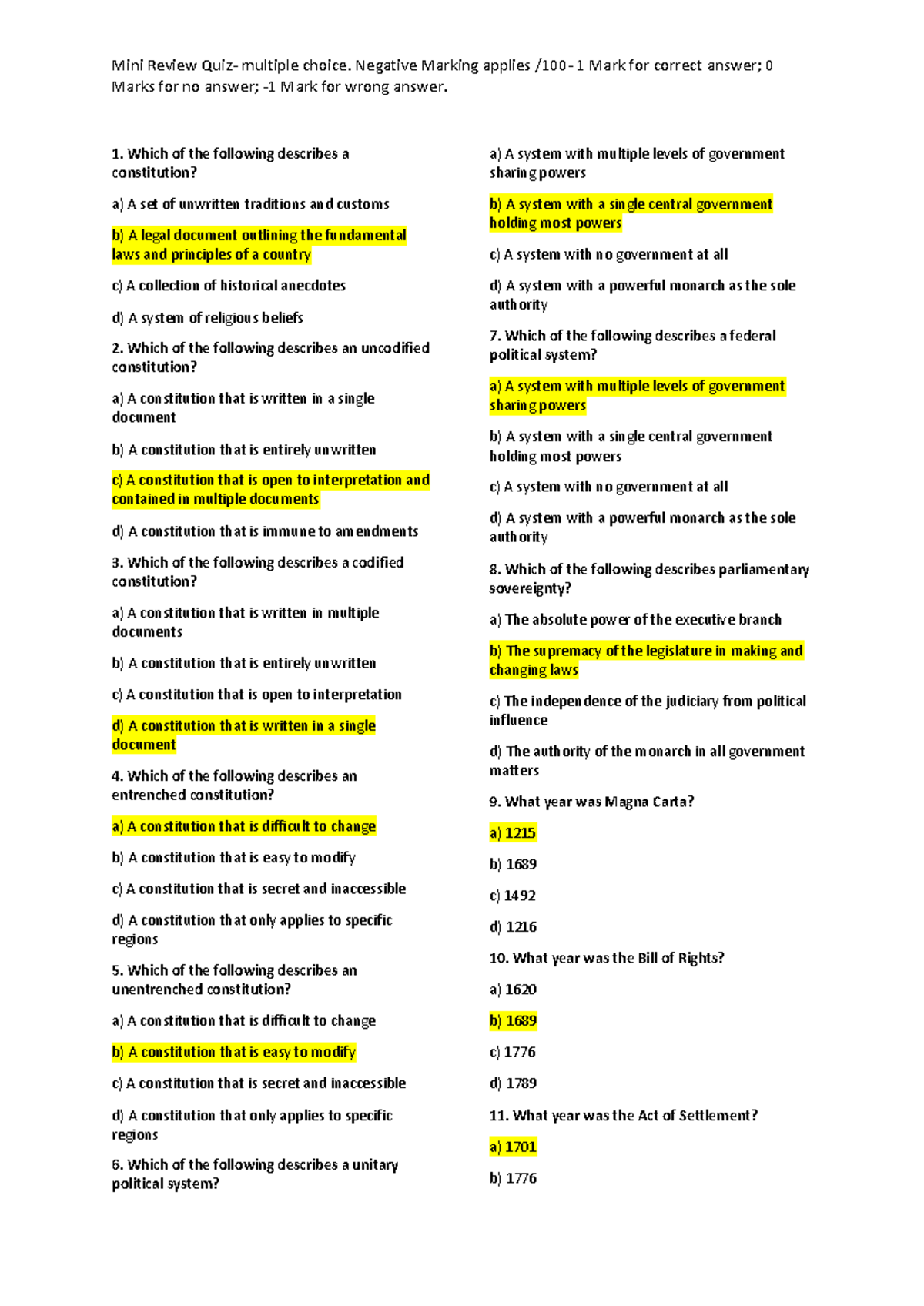 Y12 Mini Review: Multiple Choice Questions & Answers - Studocu
