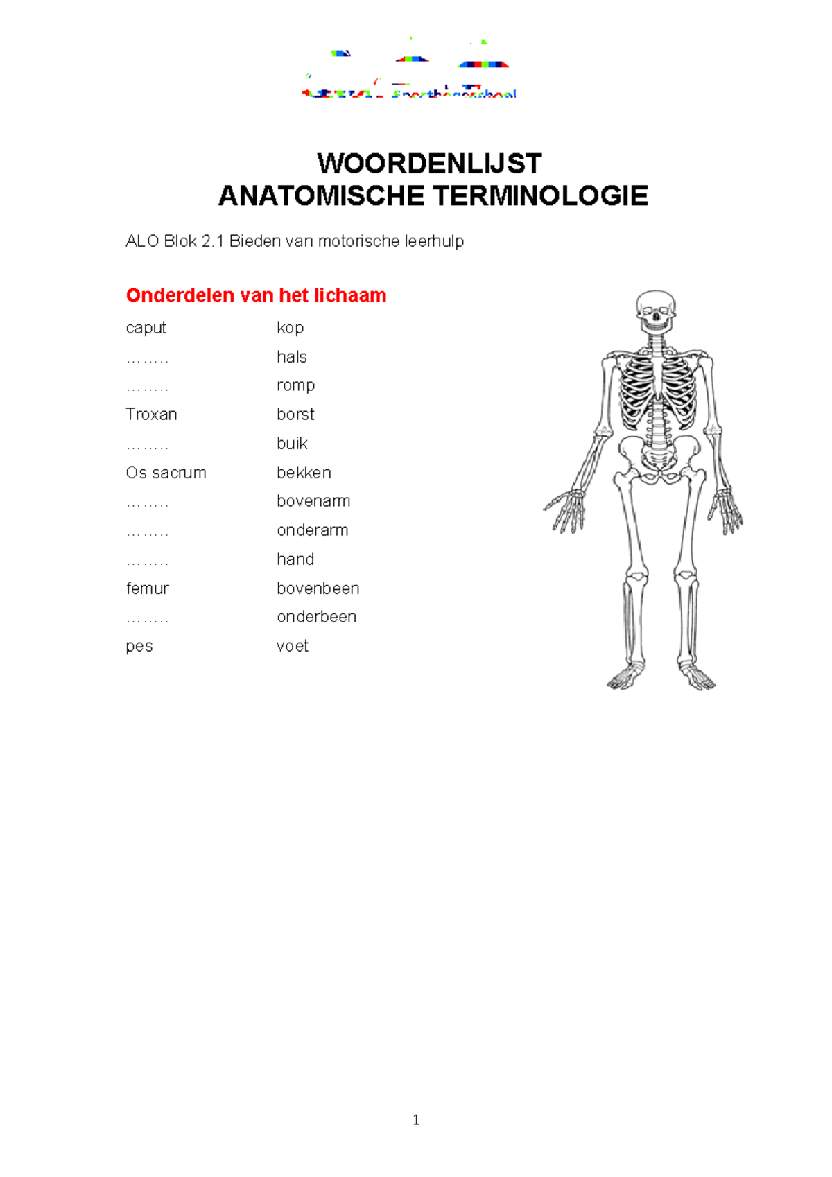 Woordenlijst Anatomische Terminologie STU - Blok 2.1 Onderwerpen ...