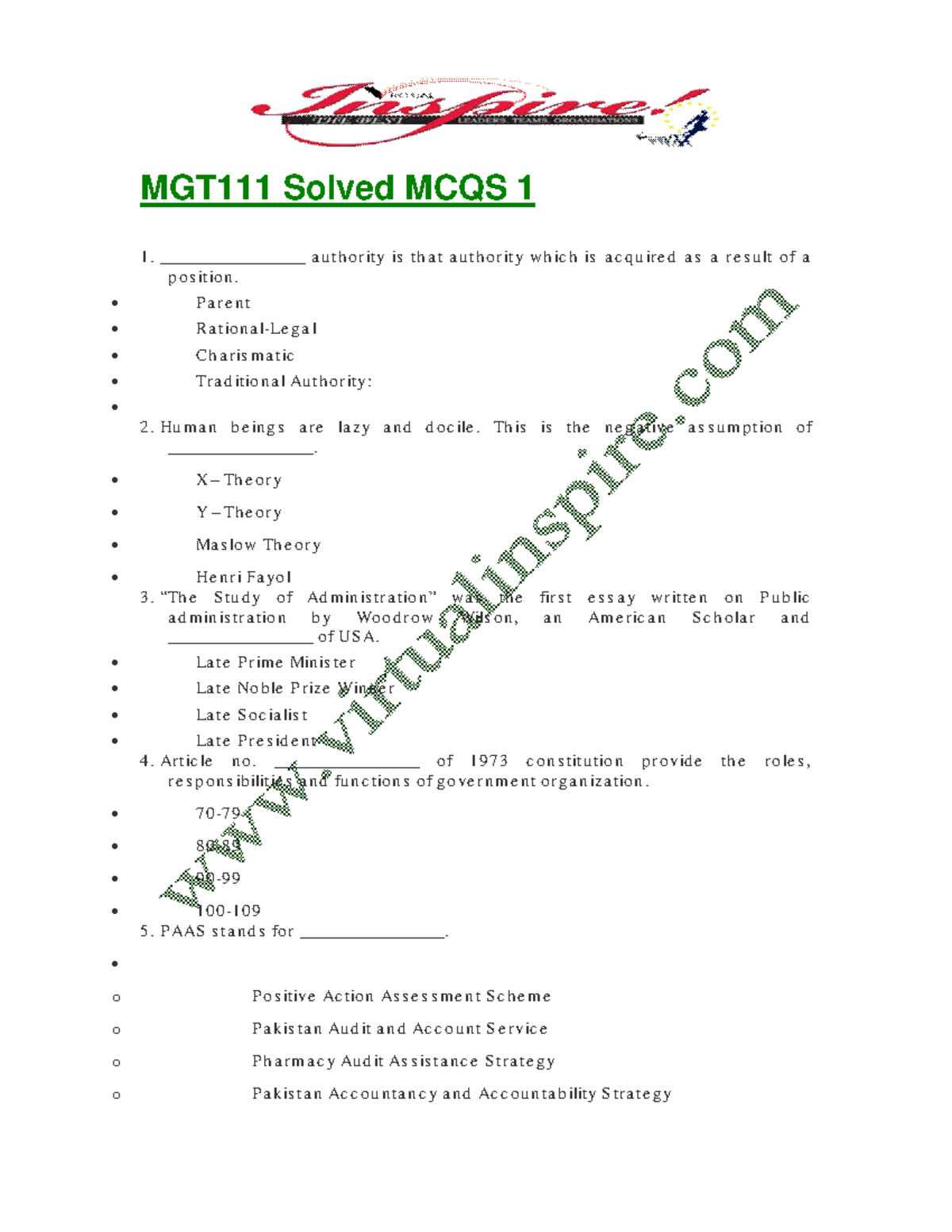 MGT111 Solved MCQs on Authority, Theories, and Public Administration ...