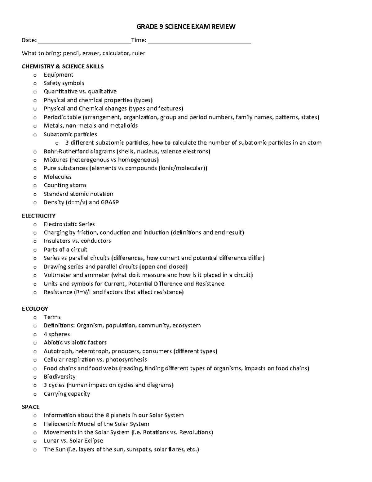 GRADE 9 SCIENCE FINAL EXAM REVIEW: Key Topics & Concepts - Studocu