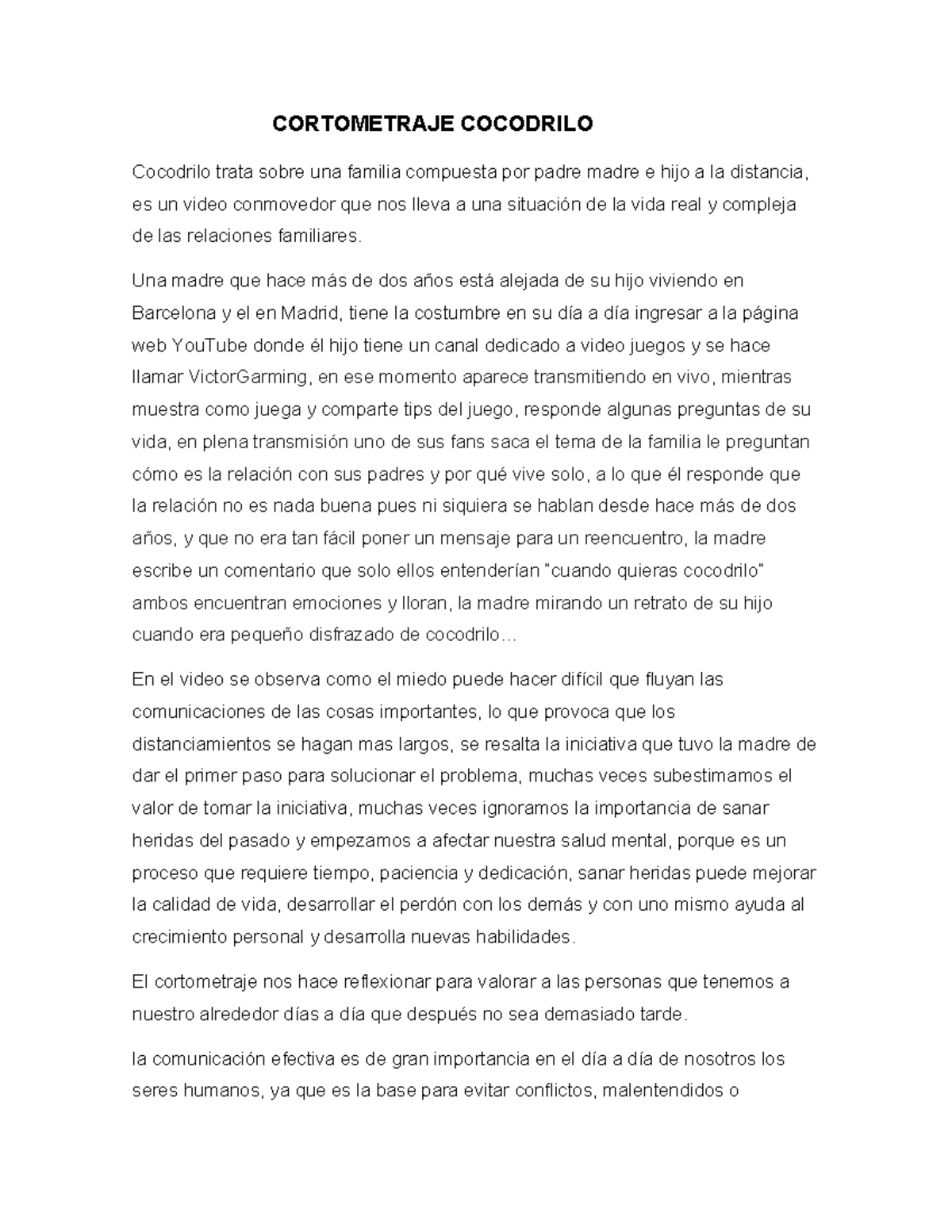 Resumen del cortometraje 'Cocodrilo' y sus lecciones familiares - Studocu