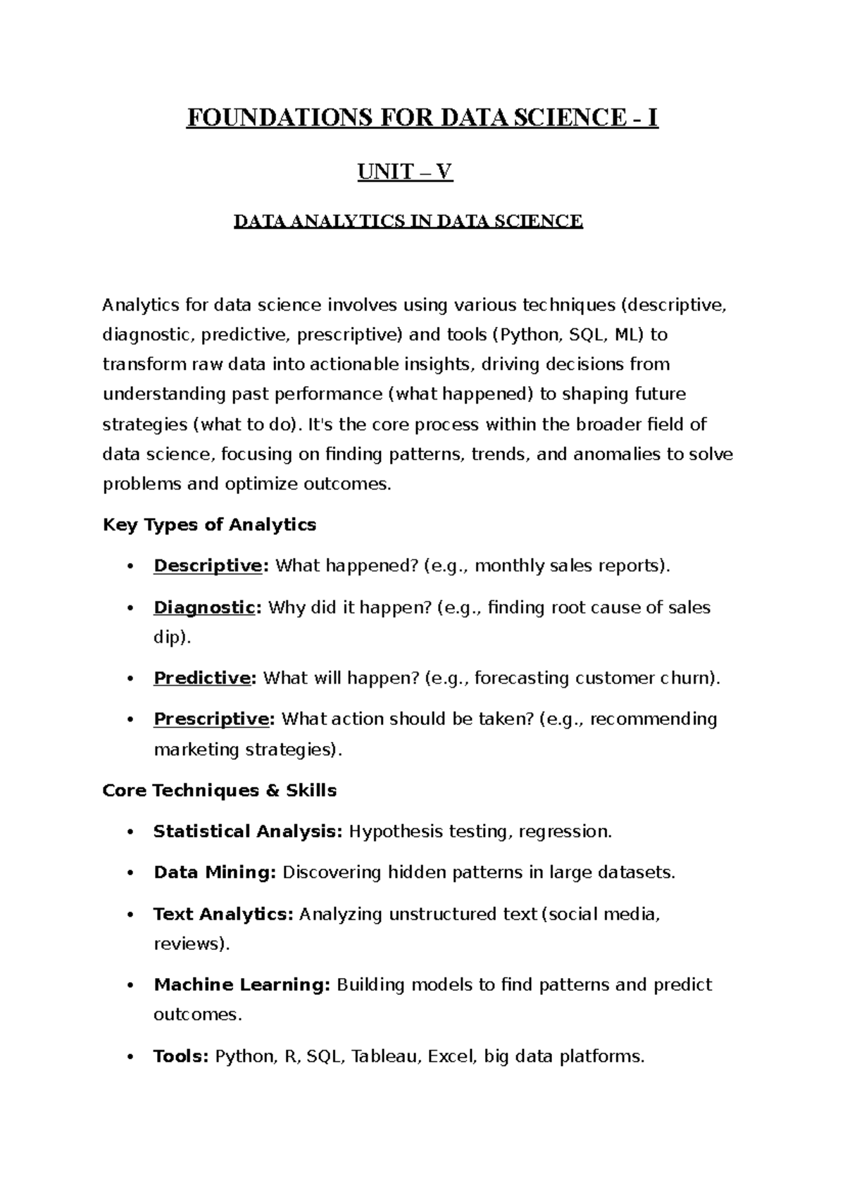 FOD 101: Unit V - Data Analytics Techniques in Data Science - Studocu