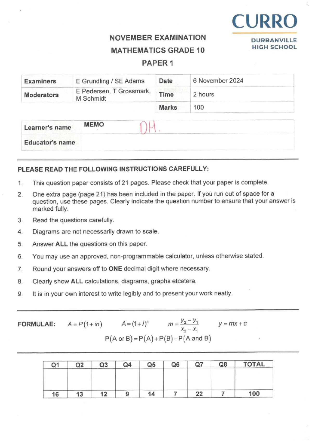 Grade 10 Mathematics P1 November 2024 Examination Memo - Studocu