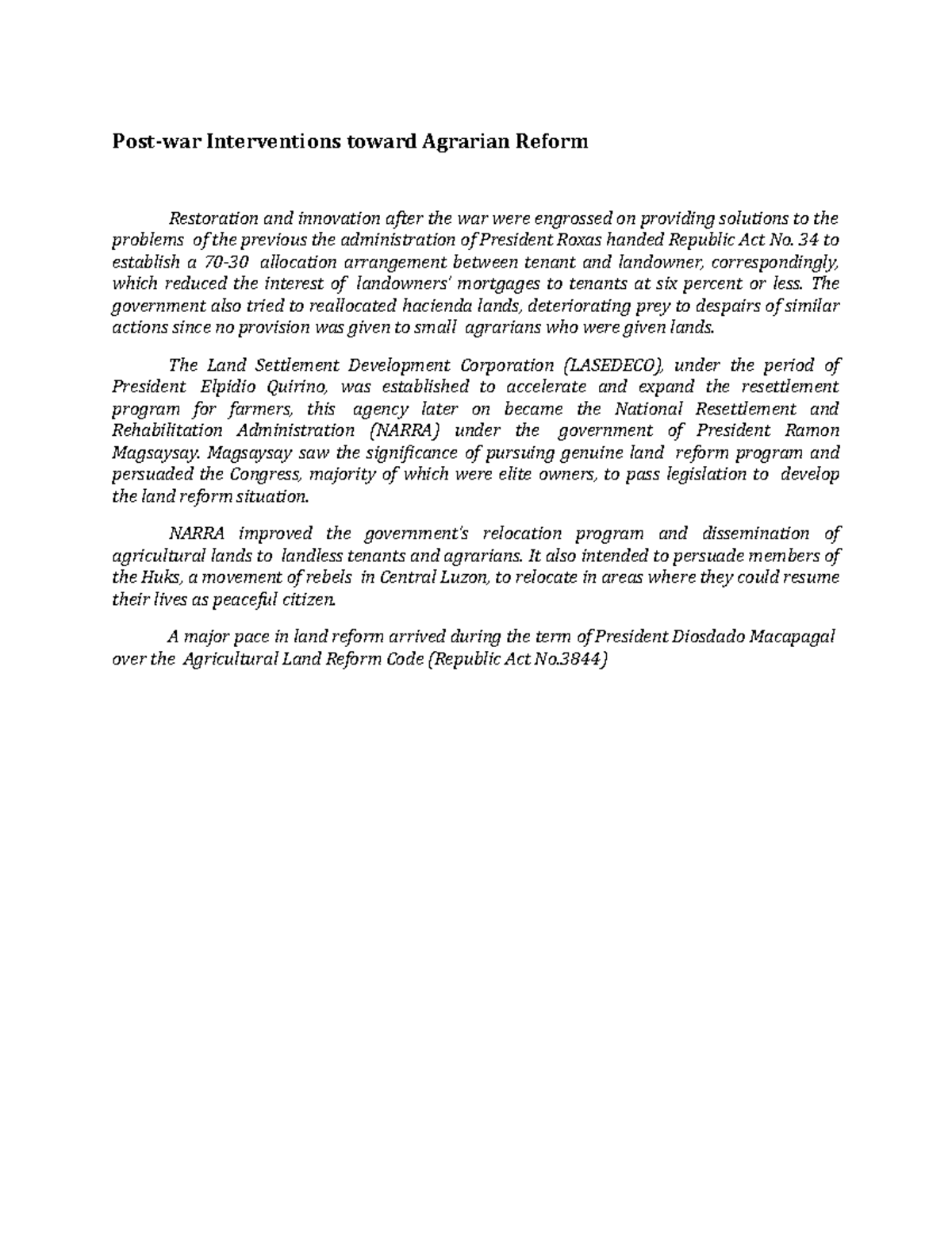 Post-war Interventions toward Agrarian Reform - Reading in Philippine ...