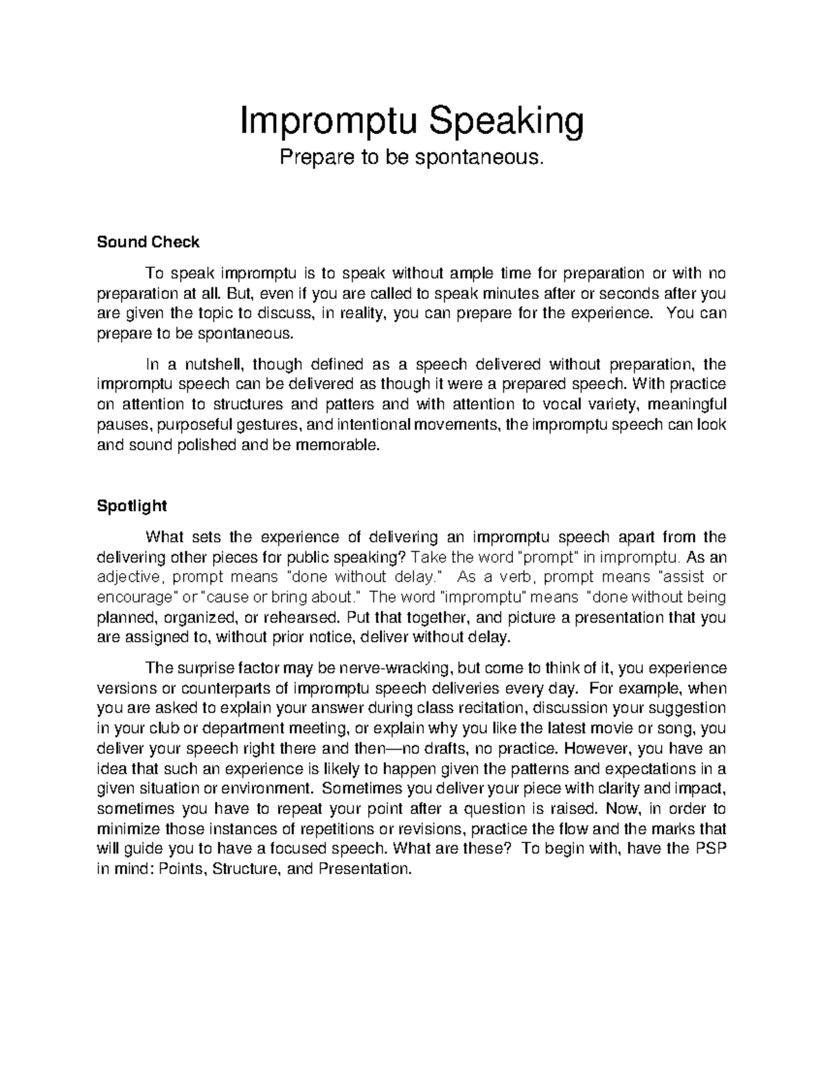 Impromptu Speaking Strategies and Tips for Effective Delivery - Studocu