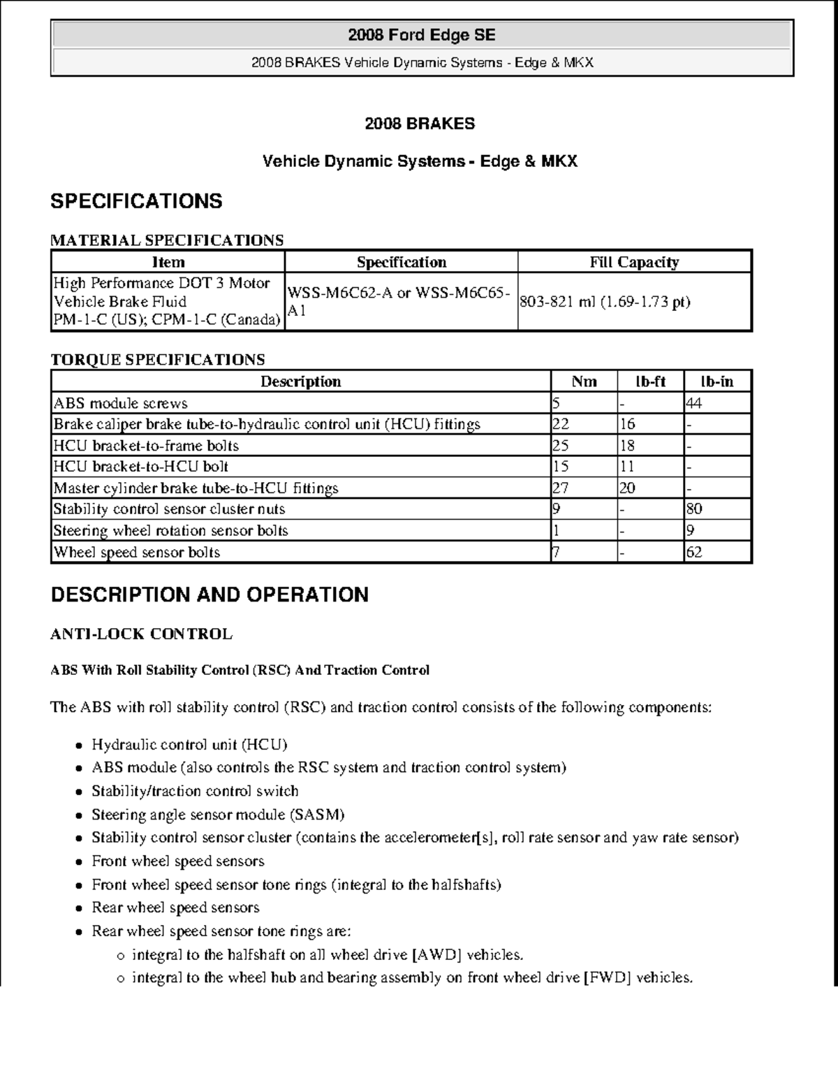 2008 Ford Edge SE & MKX Brake System Dynamics and Specifications - Studocu