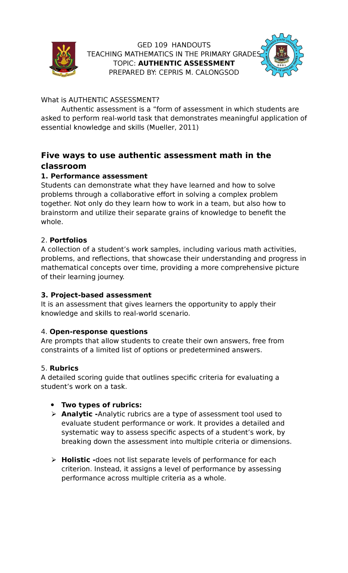 Mathematics handouts- Authentic Assessment - GED 109 HANDOUTS TEACHING ...