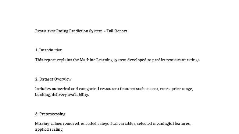 Restaurant Rating Prediction System Report - ML Techniques Overview ...