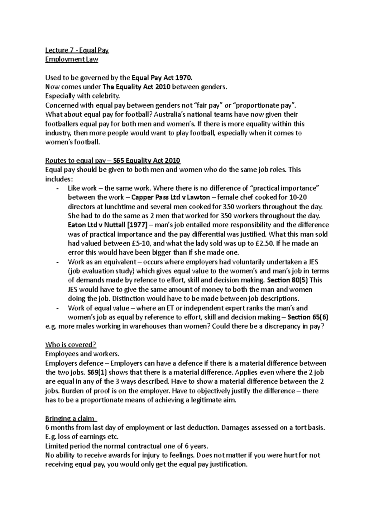 Lecture 7 - Equal Pay & Employment Law Insights for First-Class Notes ...