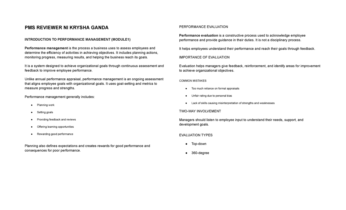 PMS Reviewer NI Krysha Ganda: Performance Management Overview - Studocu