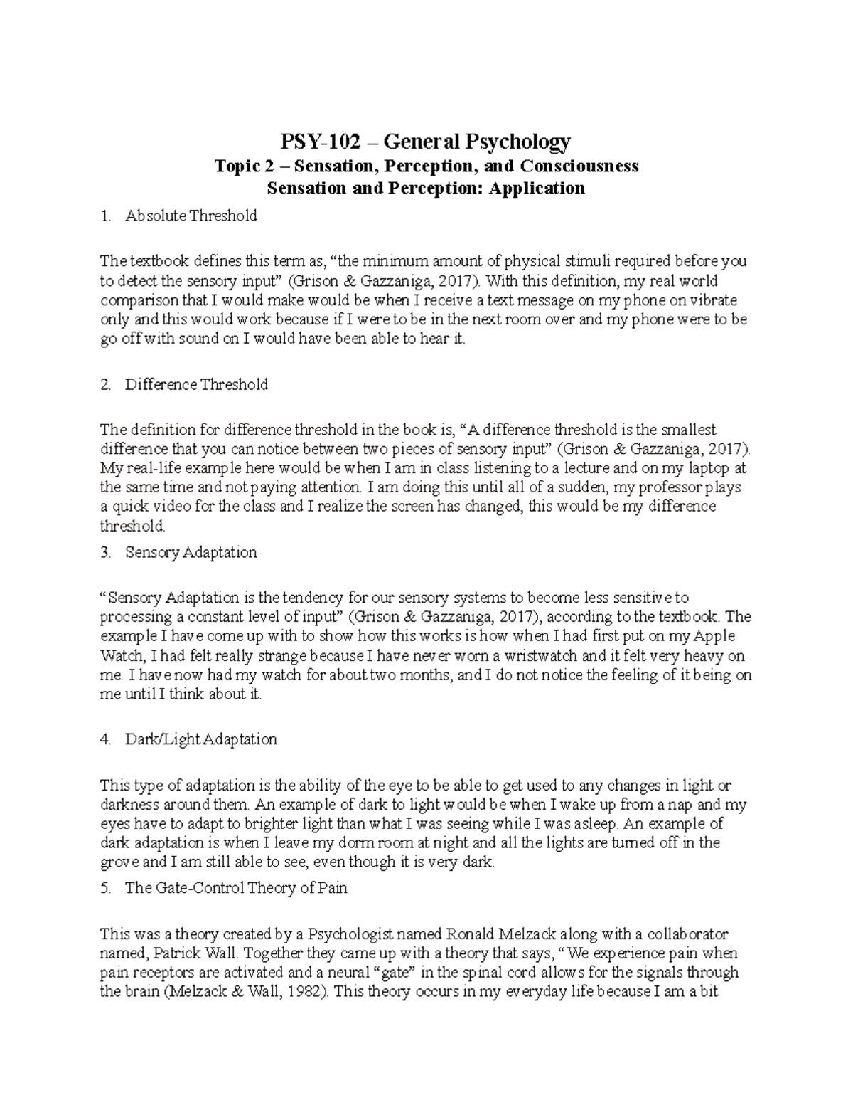 PSY-102 Sensation & Perception: Worksheet on Key Concepts - Studocu