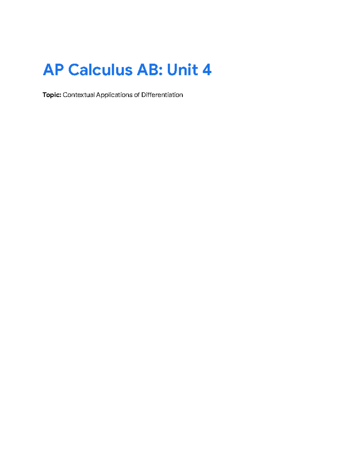 AP Calculus AB: Unit 4 - Contextual Applications of Differentiation ...