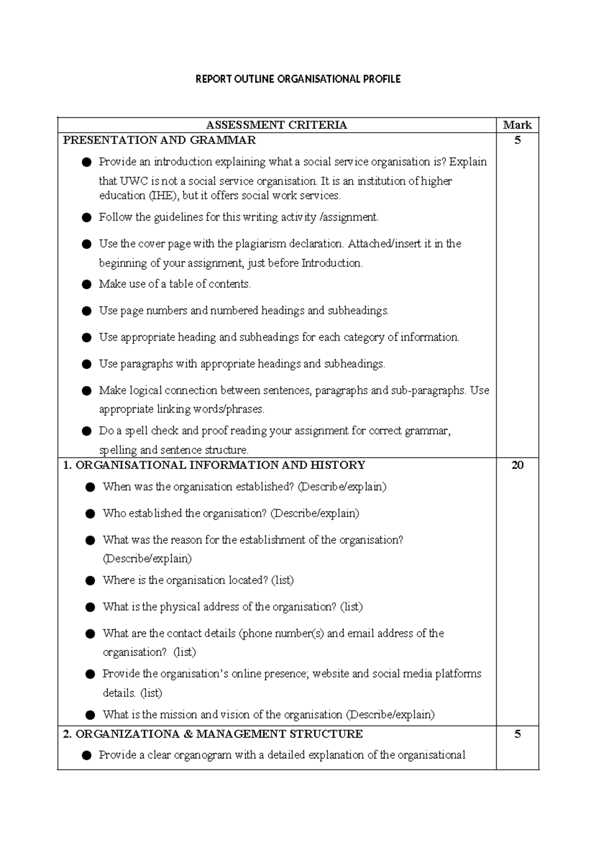 SCW101 Report Outline: Organisational Profile and Structure - Studocu