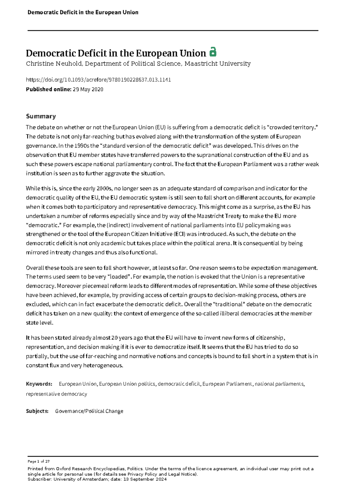 Neuhold: Analyzing the Democratic Deficit in the EU (2020) - Studeersnel