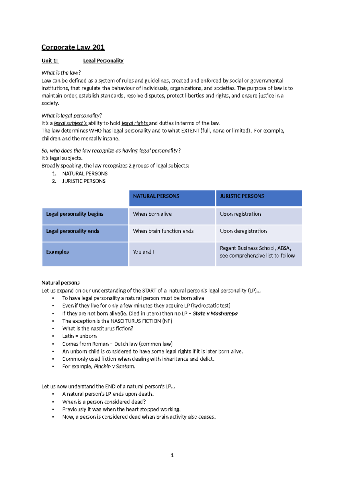 Corporate Law 201: Unit 1 - Legal Personality and Business Structures ...