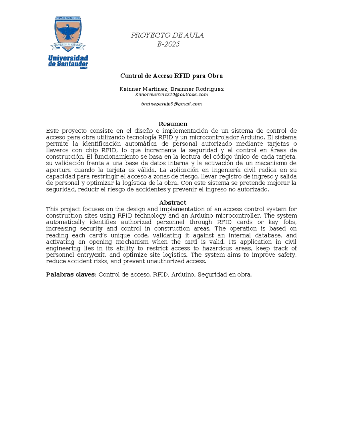 PROYECTO DE AULA: Control de Acceso RFID con Arduino - Studocu