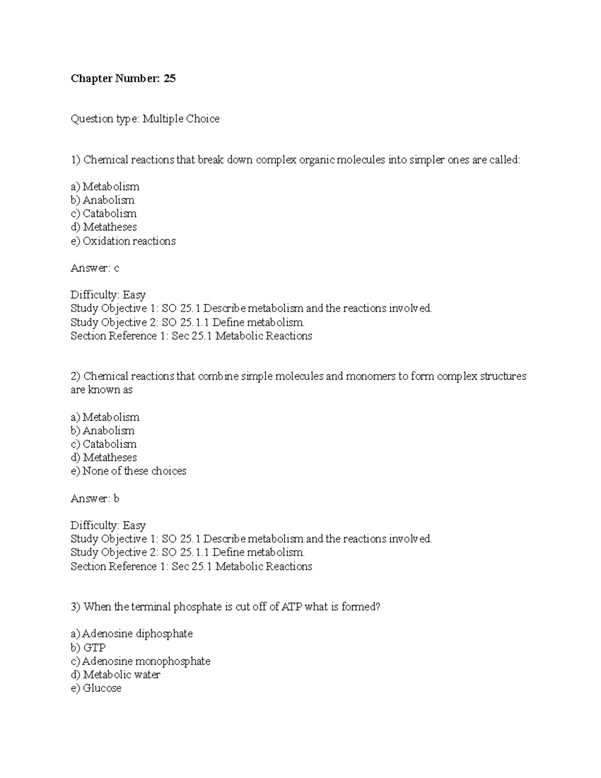 Biol 235 Chapter 25 Test Bank: Metabolism Questions & Answers - Studocu