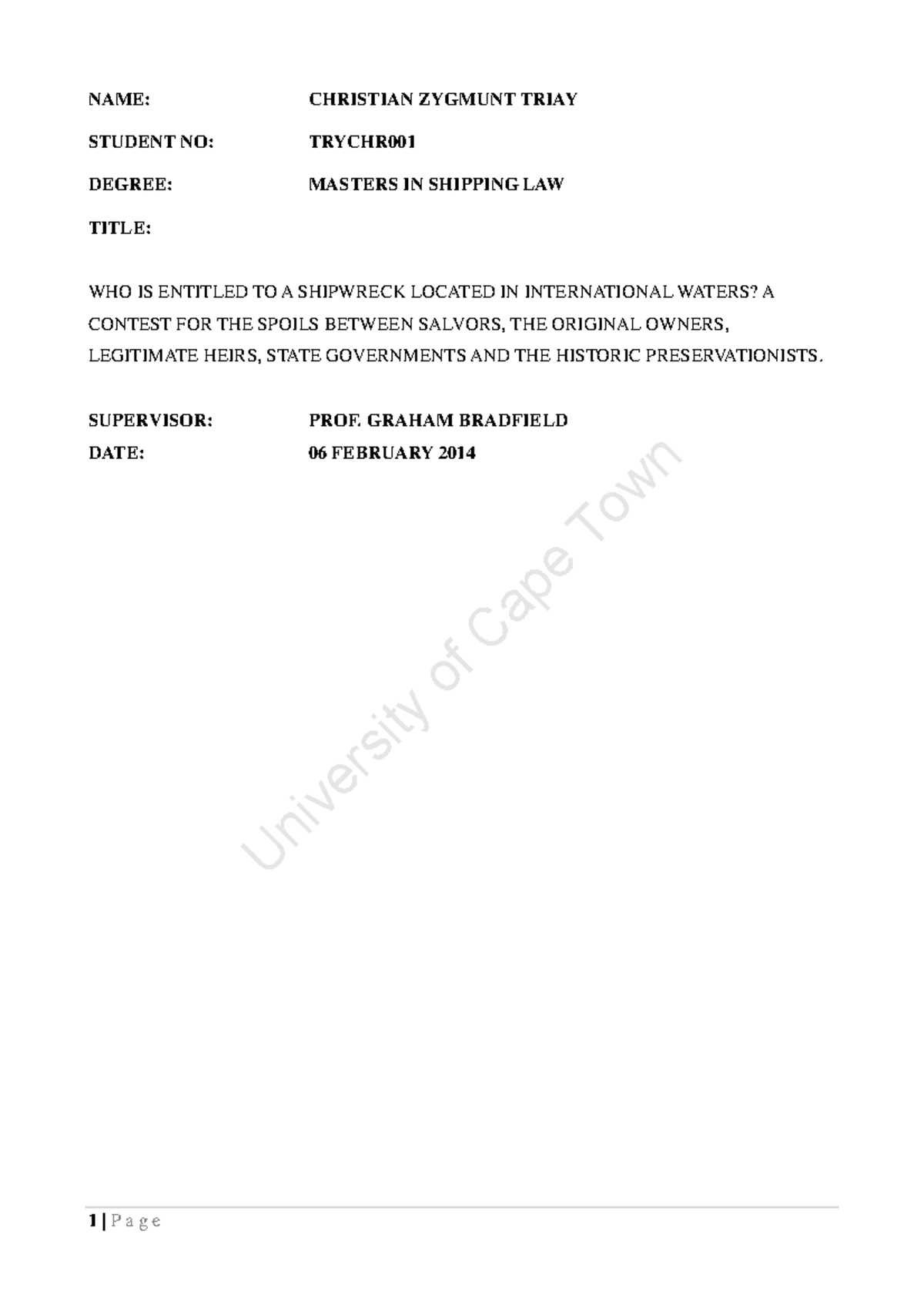 Thesis on Shipwreck Ownership Rights in International Waters (LAW 2014 ...