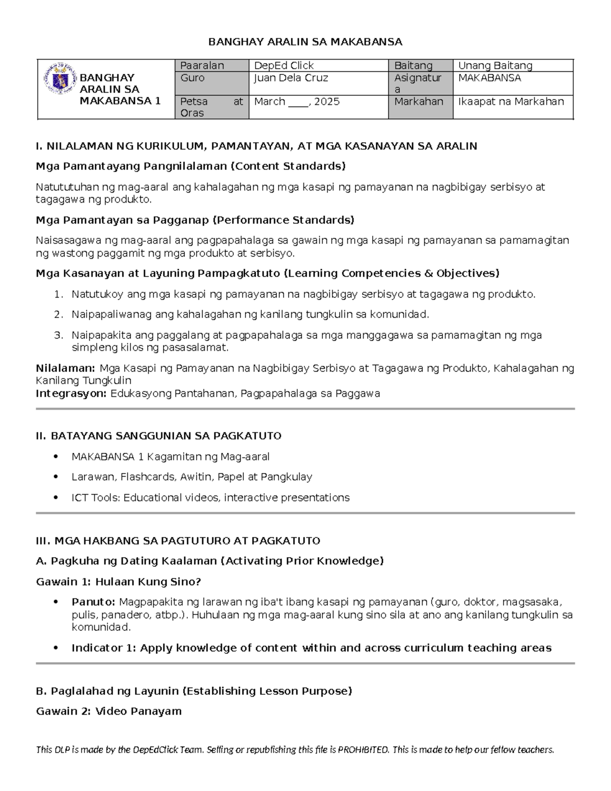 DLP for Makabansa 1 - Quarter 4 Lesson Plan by DepEd Click - Studocu