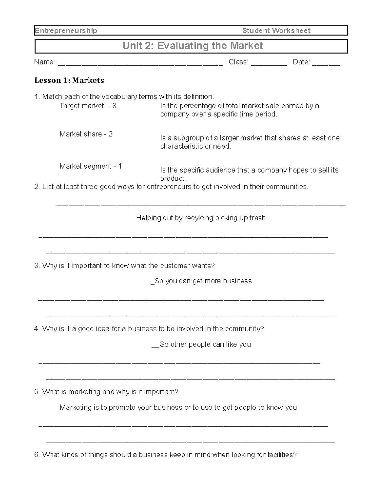 Unit 2: Evaluating the Market - Student Worksheet and Activities - Studocu