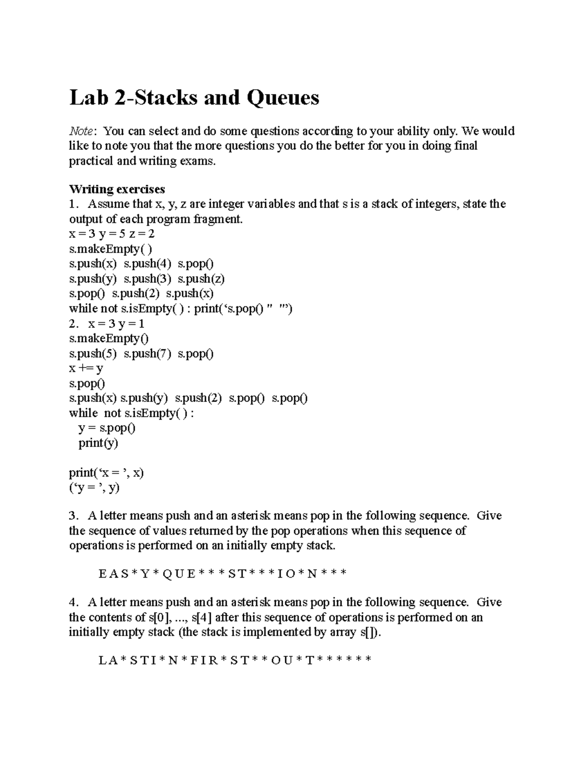 Lab 2: Stacks and Queues Exercises for Practical Understanding - Studocu
