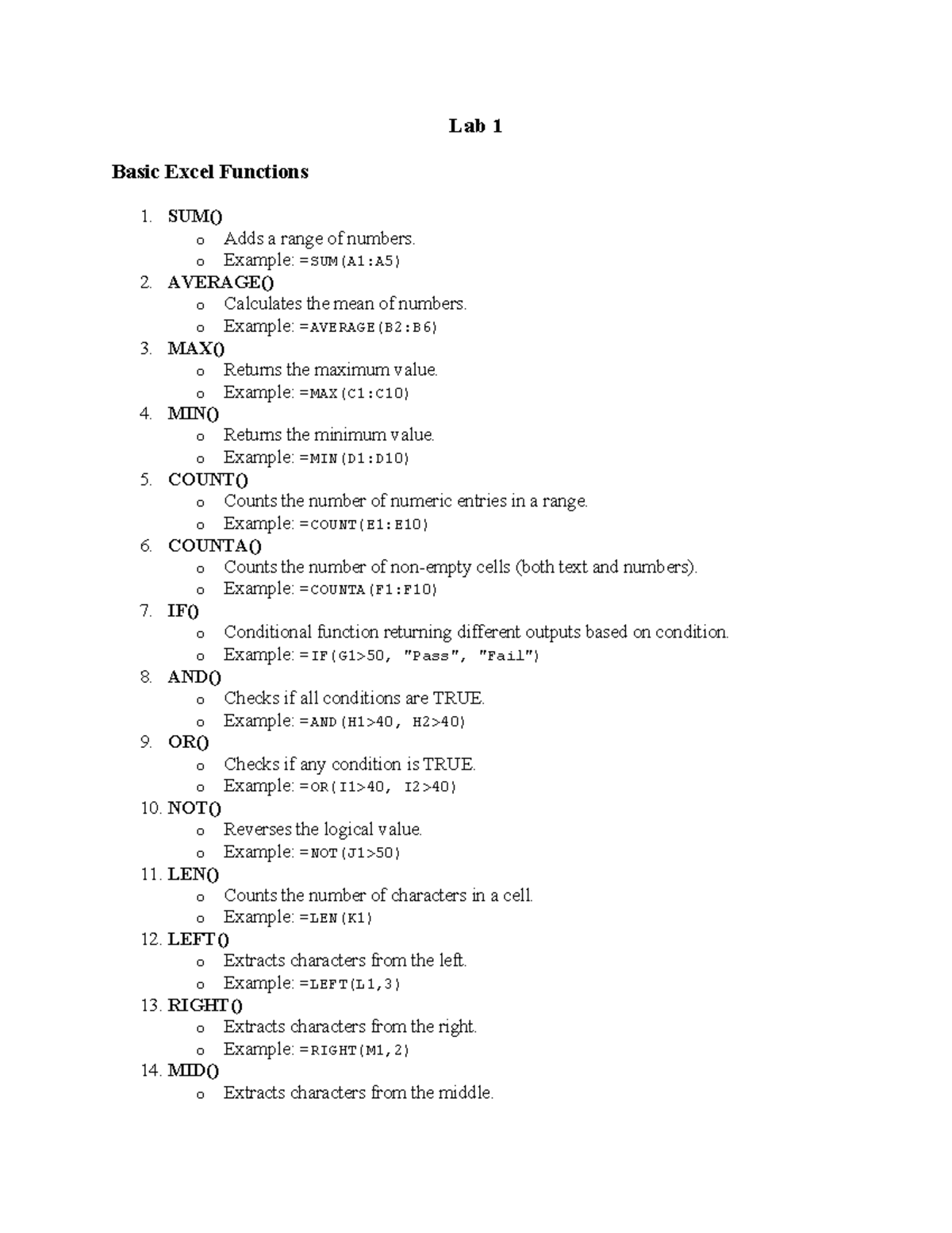 Lab 1: Essential Excel Functions Overview for DS Course - Studocu