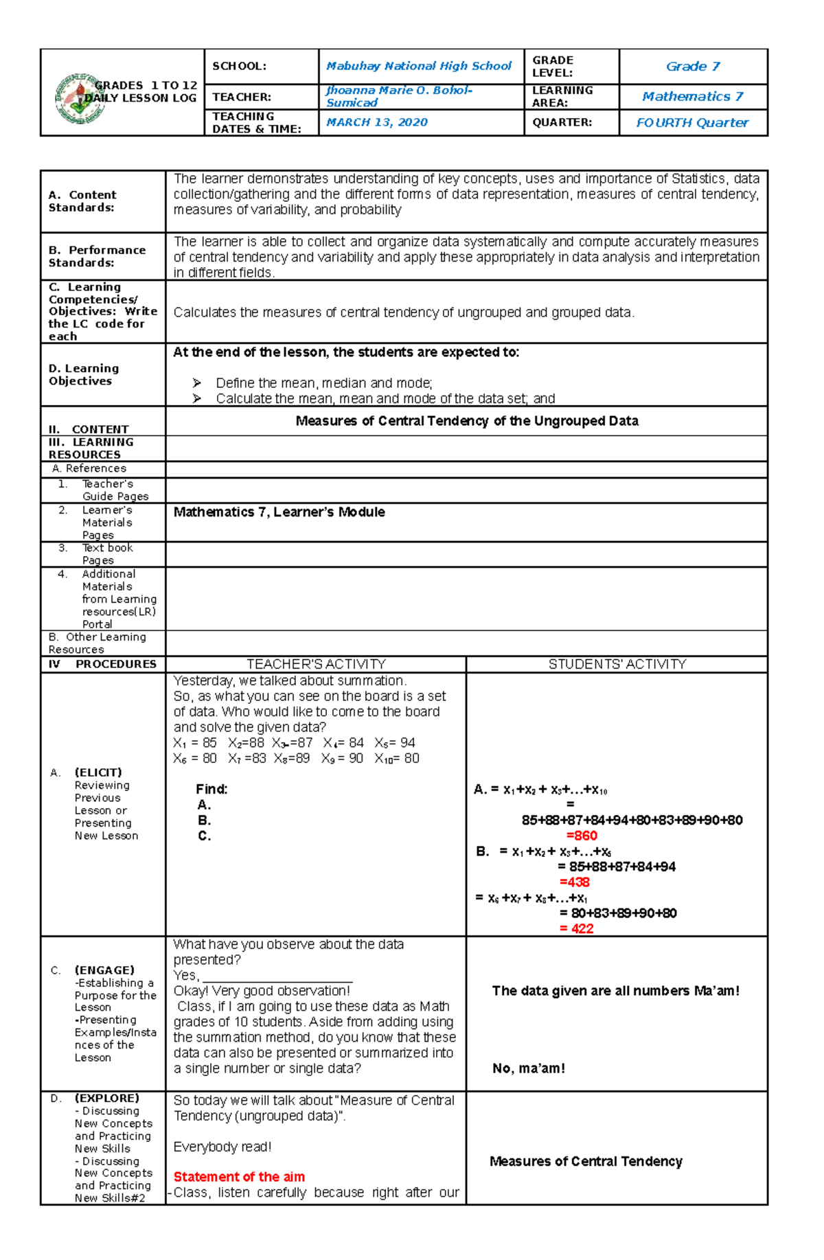 DLP- Measures of Central Tendency in Mathematics 7 Lesson Plan - Studocu