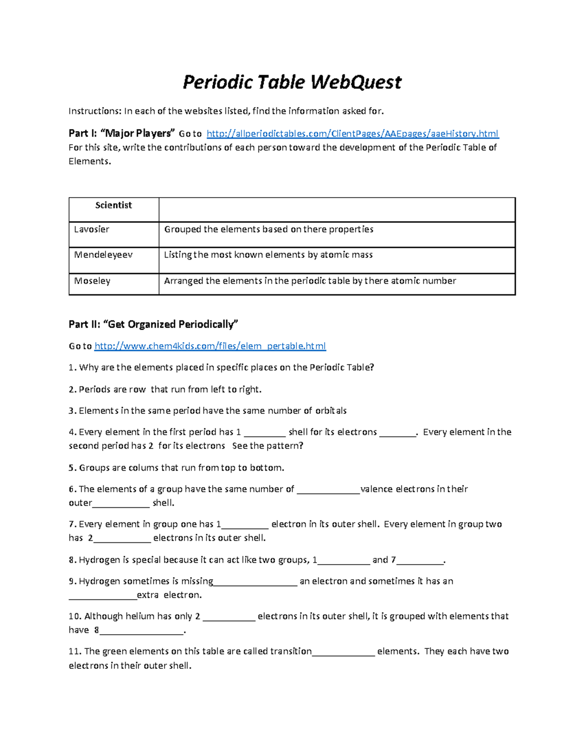 Periodic Table WebQuest 2: Comprehensive Element Exploration - Studocu