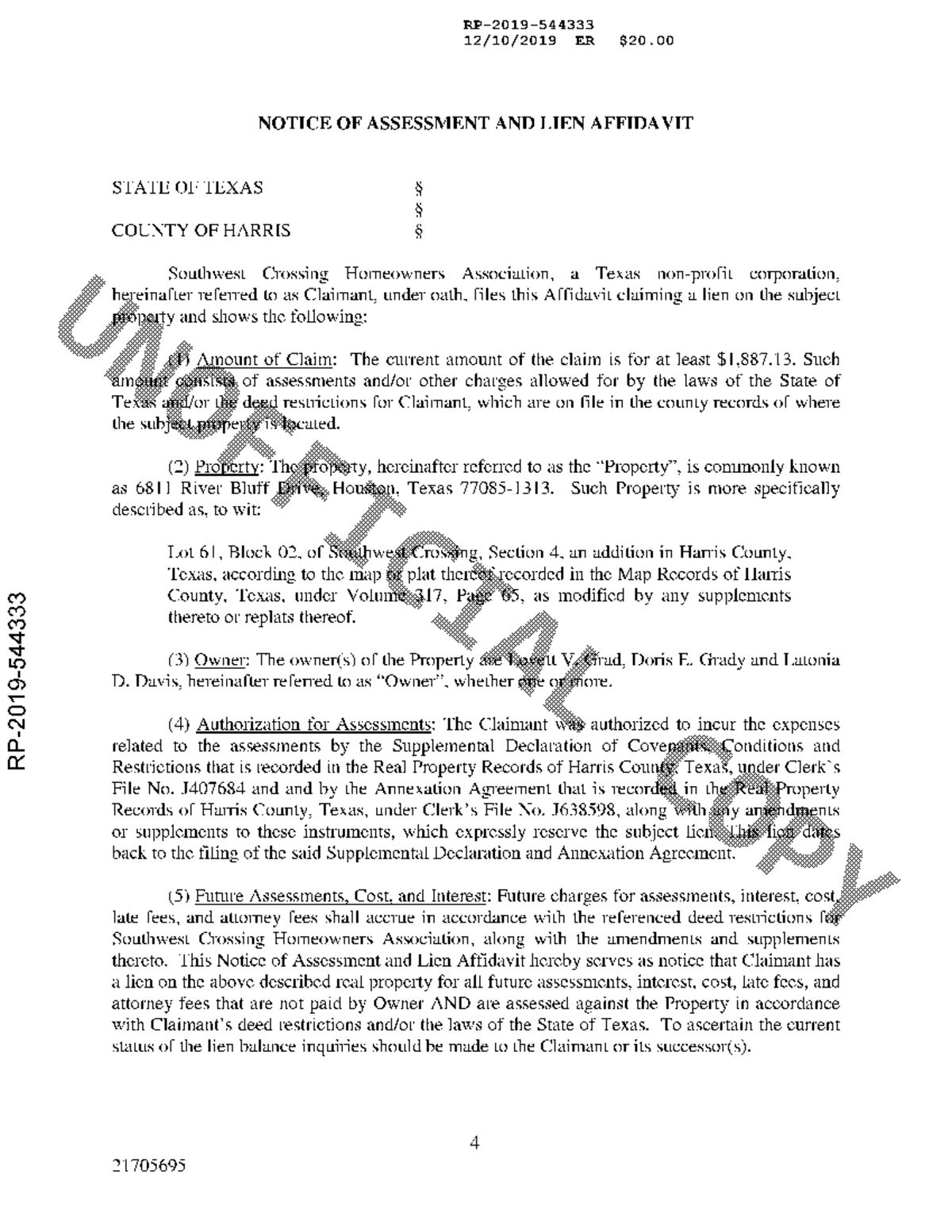 Notice of Assessment and Lien Affidavit - Southwest Crossing HOA - Studocu