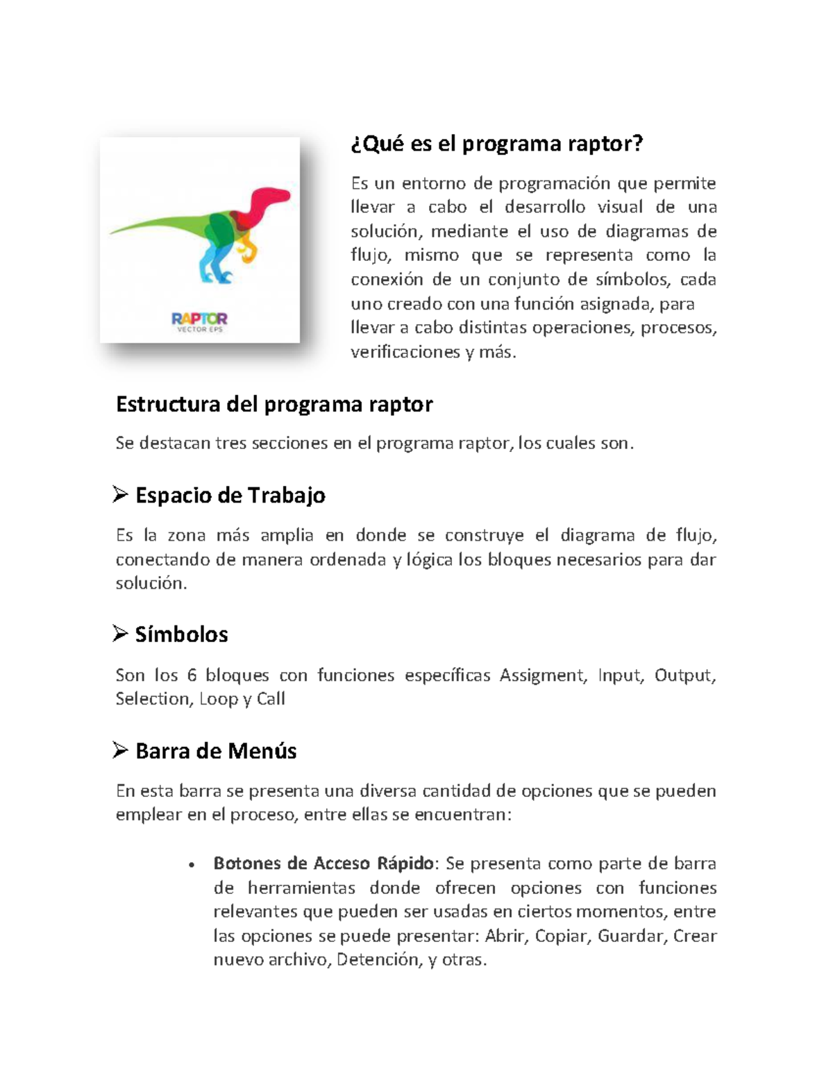 Descripción del Programa Raptor: Entorno de Programación Visual - Studocu