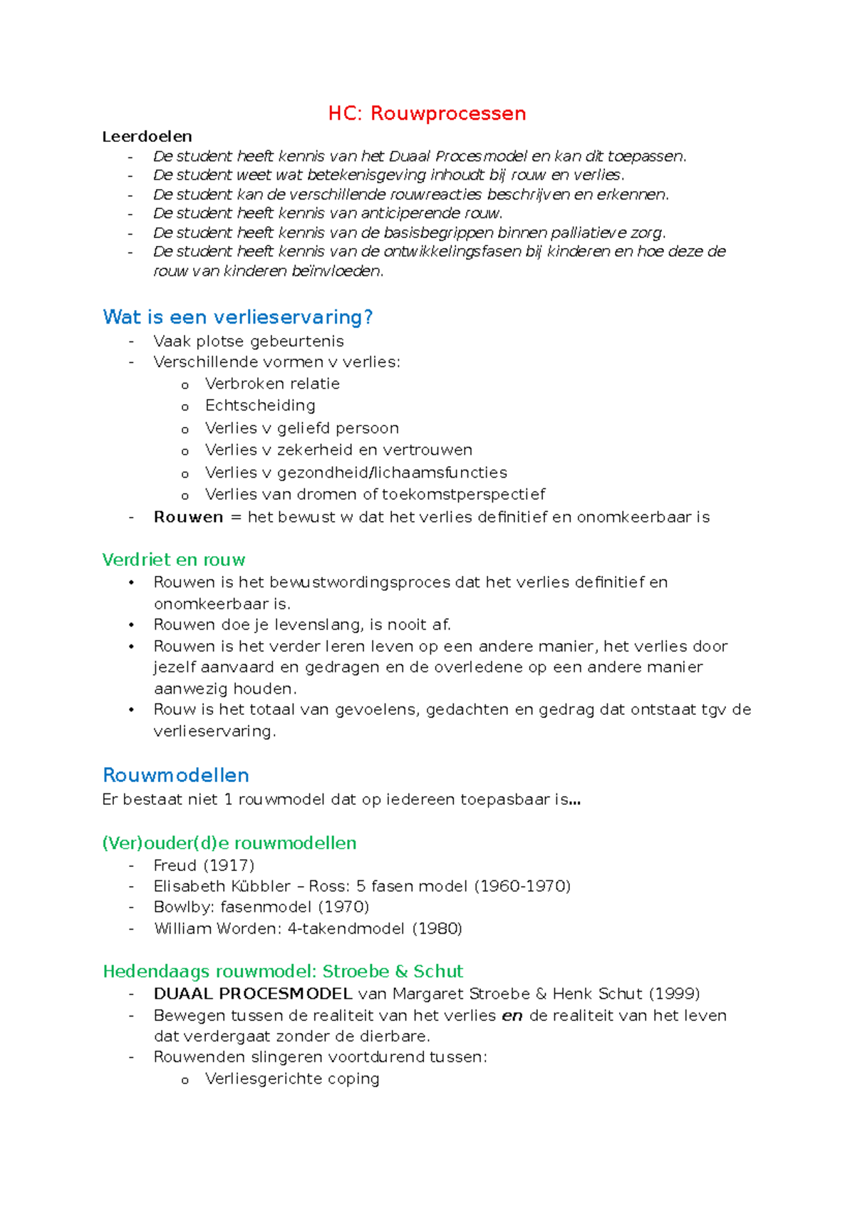 HC Rouwprocessen - Samenvatting van Leerdoelen en Rouwmodellen - Studocu