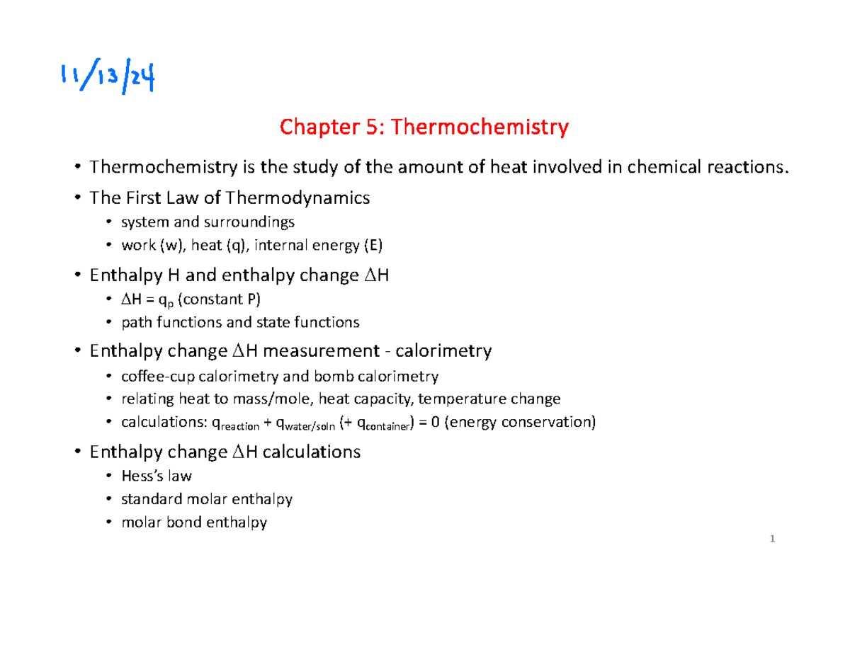 Thermochemistry: Enthalpy Changes and the First Law - CH 5 Notes ...