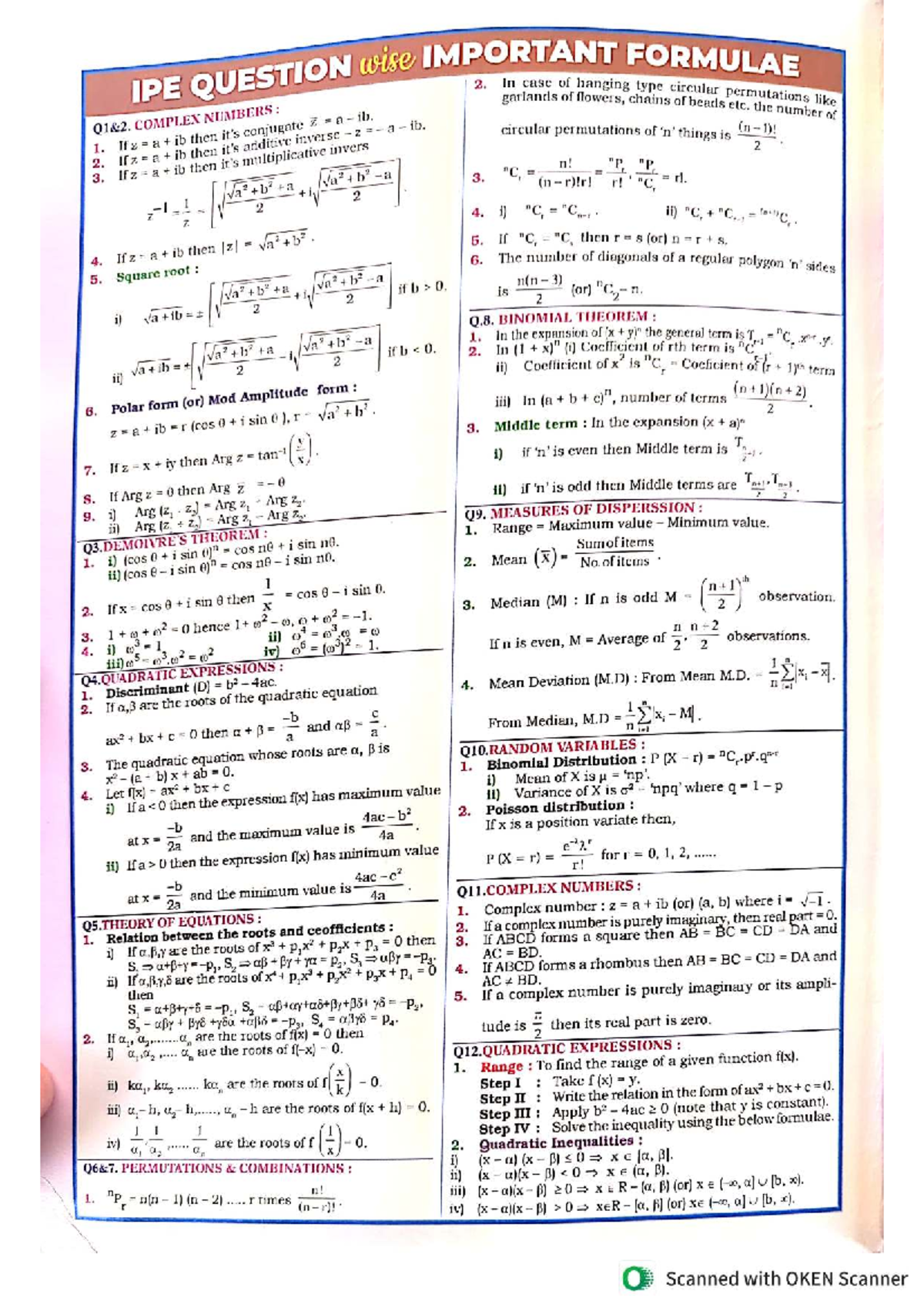 Senior IPE Mathematics IIA Important Formulas and Concepts - Studocu