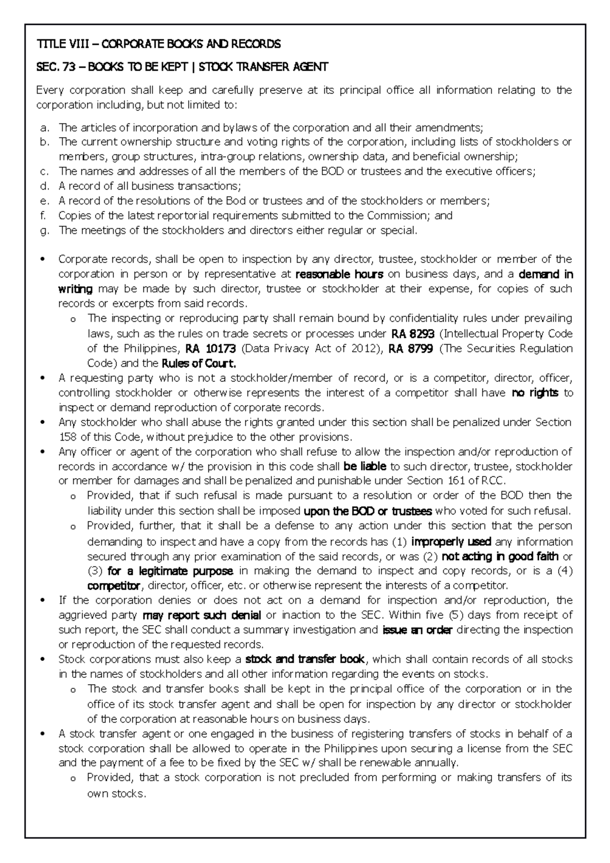 (8) Title VIII - Lecture Notes on Corporate Books and Records - Studocu